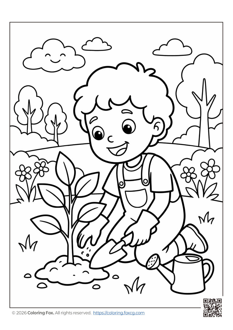 Free Boy Planting a Tree Coloring Page: Fun Nature Activity for Kids ...
